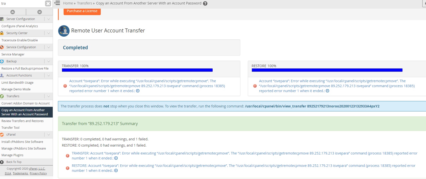 حل مشكلة Failed: Error while executing “/usr/local/cpanel/scripts ... حل مشكلة Failed: Error while executing “/usr/local/cpanel/scripts ...