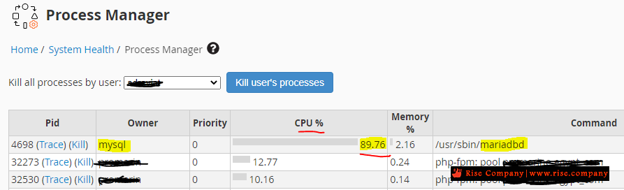 السي بانال WHM/CPanel حل مشكلة MySQL CPU 90% ومعرفة قاعدة البيانات المستهلك
